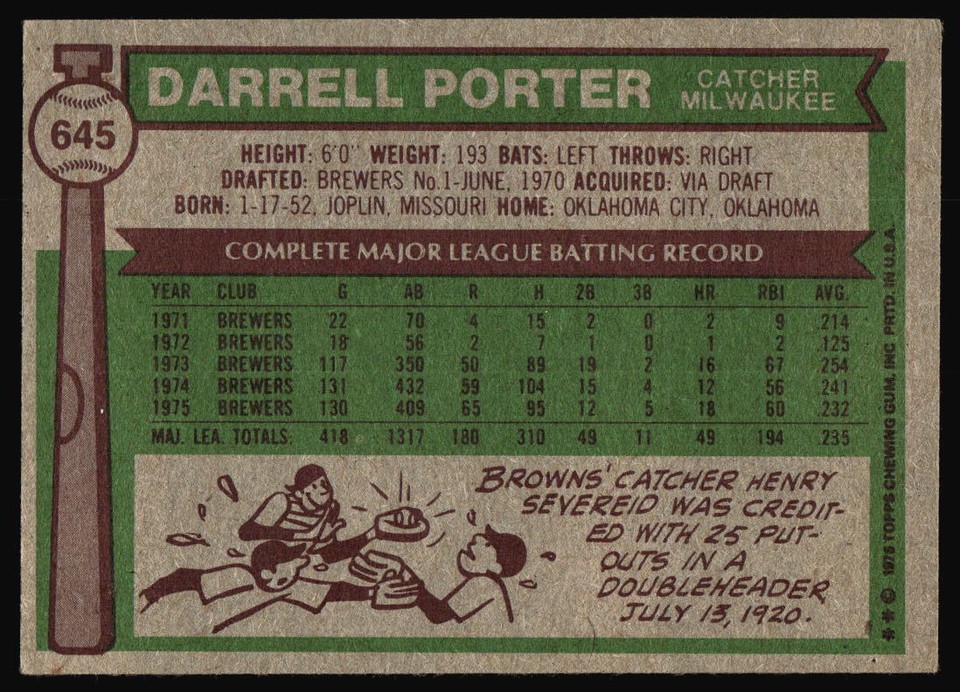 1976 Topps Darrell Porter #645 Milwaukee Brewers | eBay