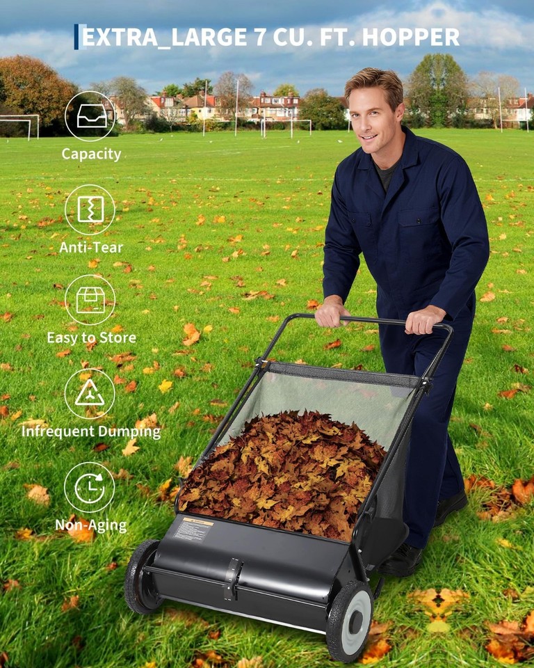26-Inch Push Lawn Sweeper-Manual Yard Sweeper Walk Behind for Leaves ...