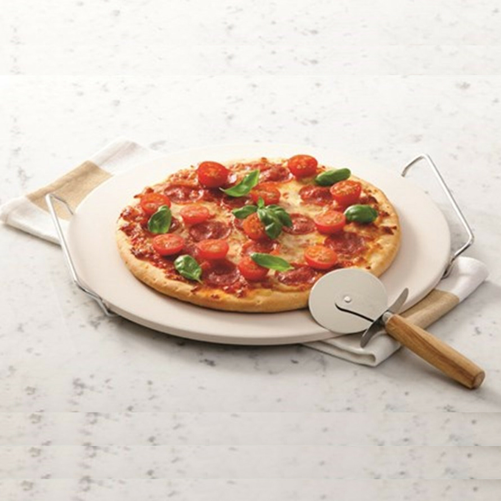 EXTRA LARGE CERAMIC PIZZA BAKING STONE SET CHROME STAND 33CM + FREE ...
