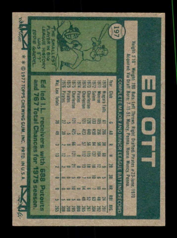 1977 Topps #197 Ed Ott AUTOGRAPHED!!! Pirates 235203 | eBay