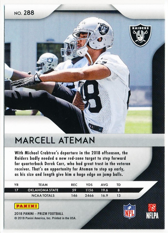 2018 Panini Prizm Football Marcell Ateman #288 Oakland Raiders ROOKIE ...