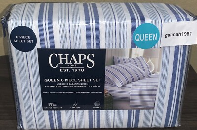 CHAPS by Ralph Lauren QUEEN Sheet Set w/4 Pillowcases White Blue Dashed ...