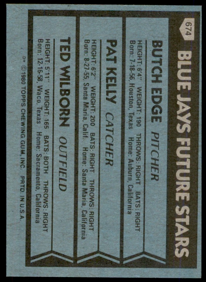 1980 TOPPS BLUE JAYS FUTURE STARS - BUTCH EDGE/PAT KELLY/TED WILBORN RC ...