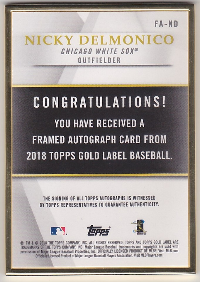 Nicky Delmonico - 2018 Topps Gold Label Framed Autograph Rookie RC ...