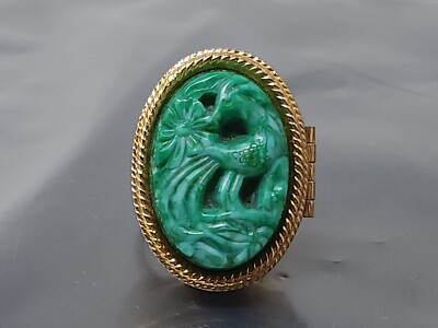 Vintage AVON Chinese Jade Green Lucite Locket Gold tone band Ring size ...