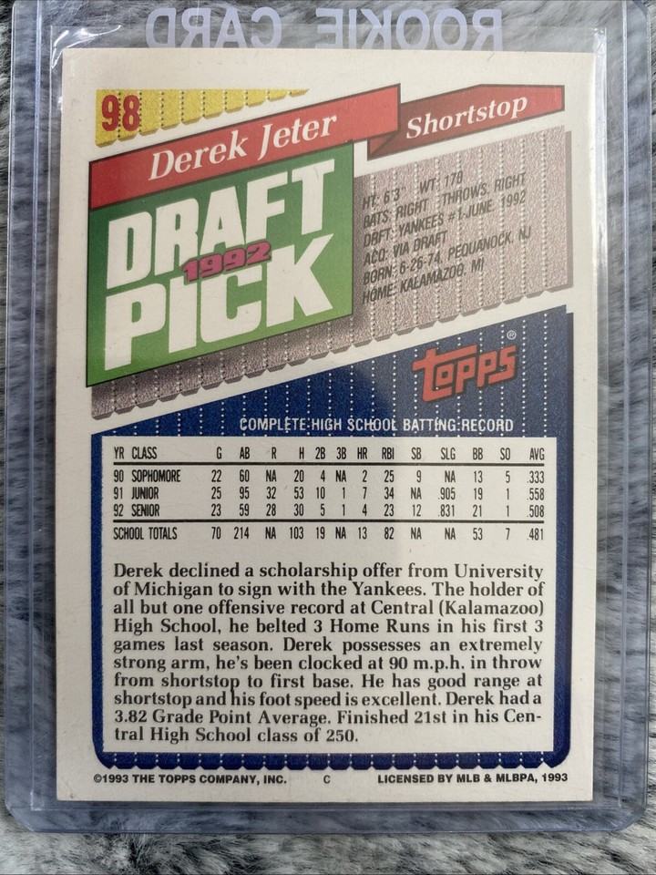 1993 Topps Draft Pick 1992 Derek Jeter New York Yankees #98 Rookie RC B ...
