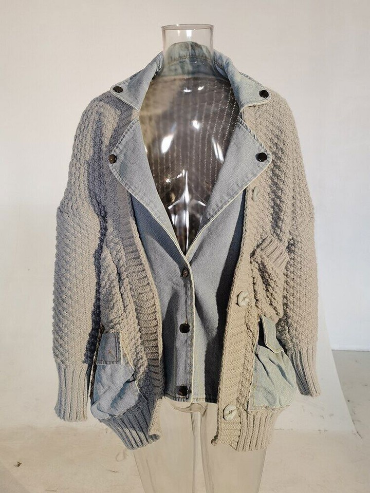 Fashion Women's Stitching Denim Jacket Sweater Knitted Cardigan Coat ...