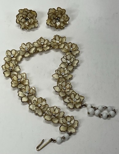 Vtg. Coro Ivory Colored Flowers Gold Trim Rhinestones Necklace And ...