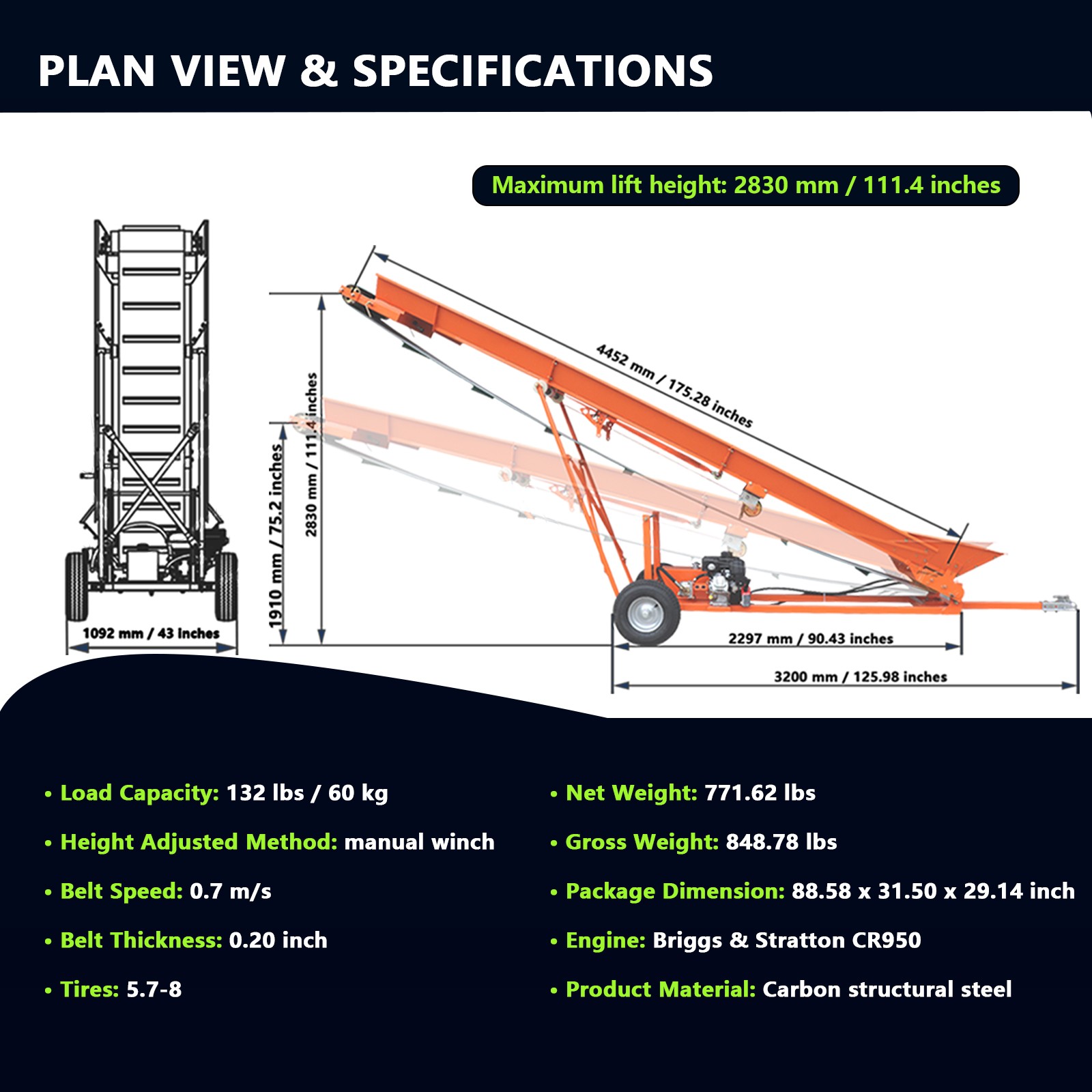 Firewood Conveyor 6.5HP 208cc Gasoline Powered 19.7" Width Belt Wood ...