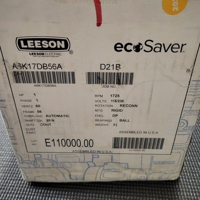 Leeson A6K17DB56A - 1HP Motor 1 Phase Ecosaver - CAT. NO. E110000.00 ...