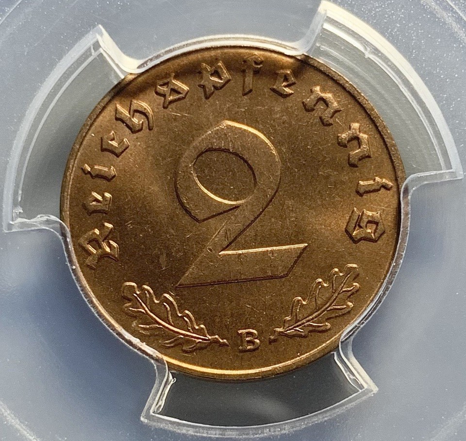 Gem BU 1939 B Germany Nazi Third Reich 2 Pfennig Copper Coin - PCGS MS ...