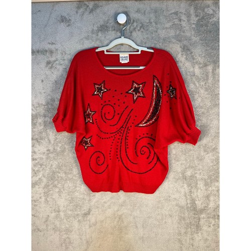 VTG Barry & Me Sweater Large Red Sequin Celestial Stars and Moon 80s ...