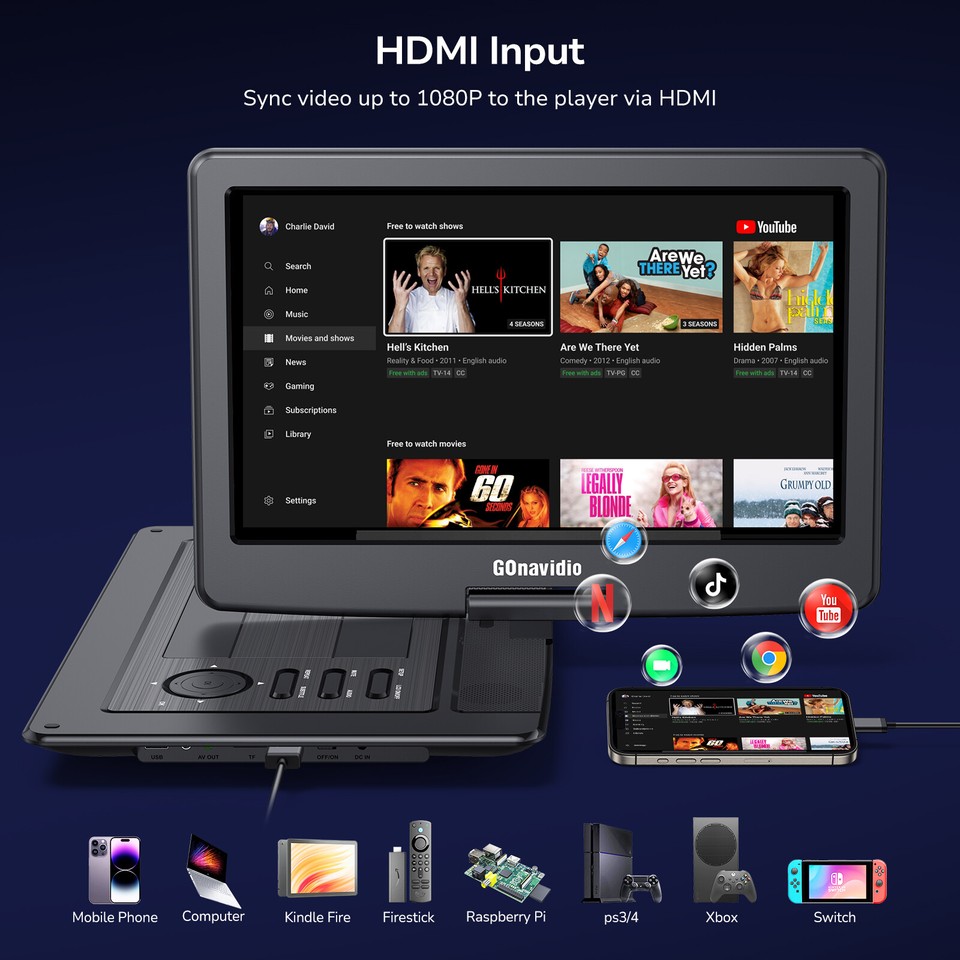 19" Full HD Portable DVD Player with 16" Large Swivel Screen Battery ...