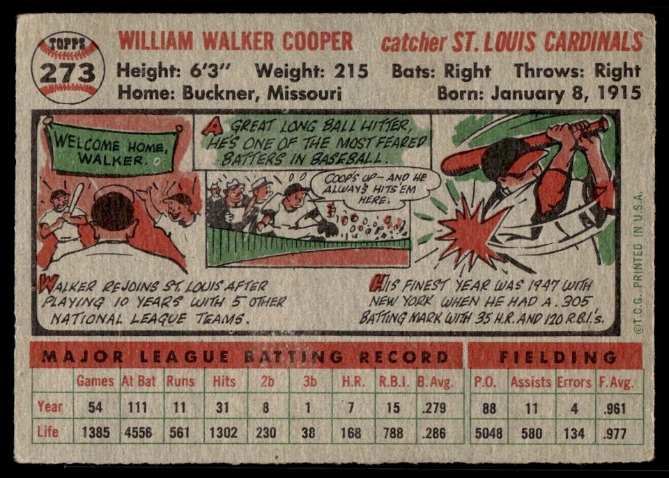 1956 Topps Baseball Walker Cooper St. Louis Cardinals #273 VG-EX | eBay