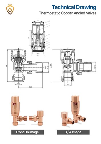 Radiator Towel Rail Valves Angled Copper Thermostatic TRV Central ...