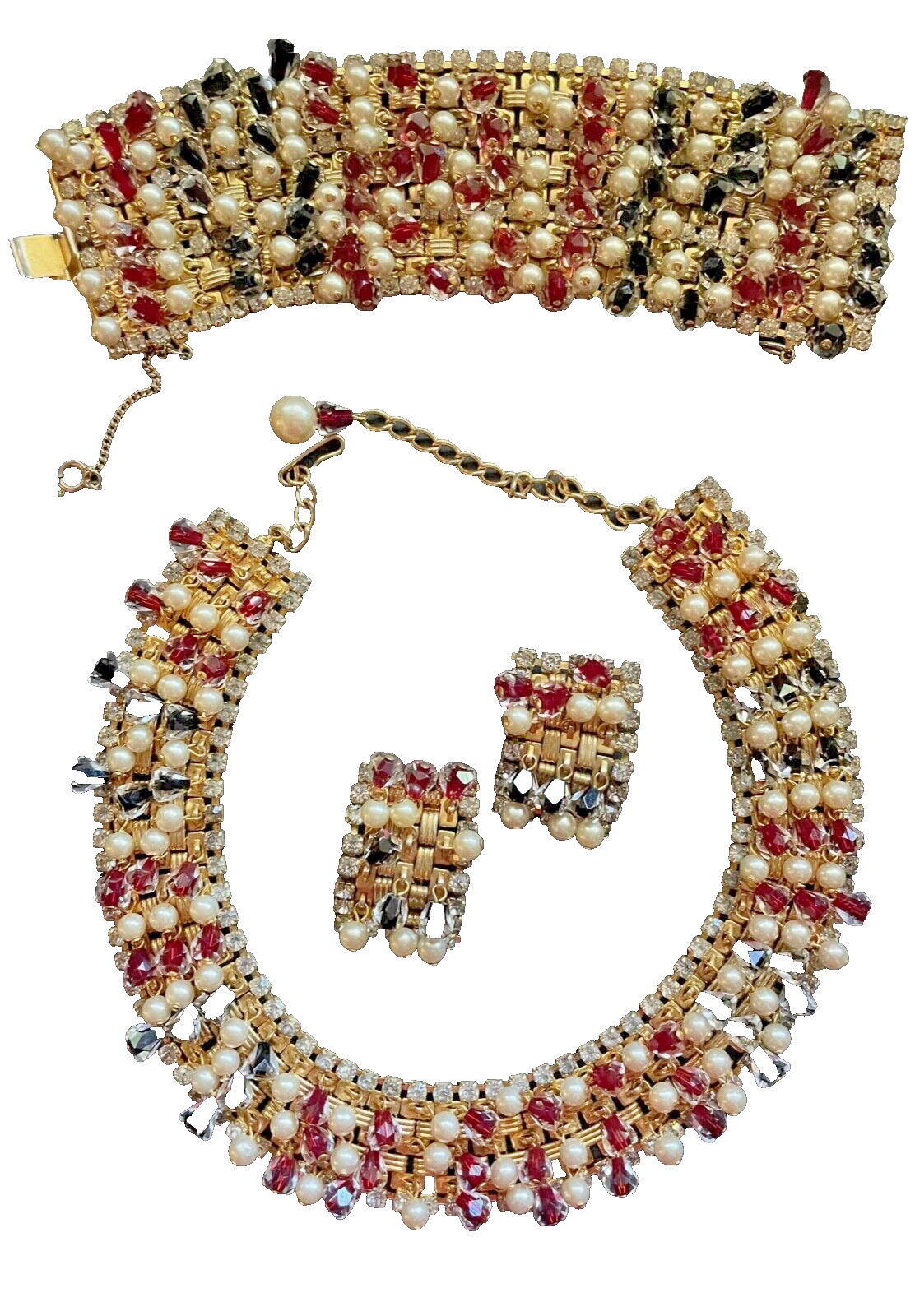 Hobe Necklace, bracelet earrings 1960s Pearls, red/bl… - Gem