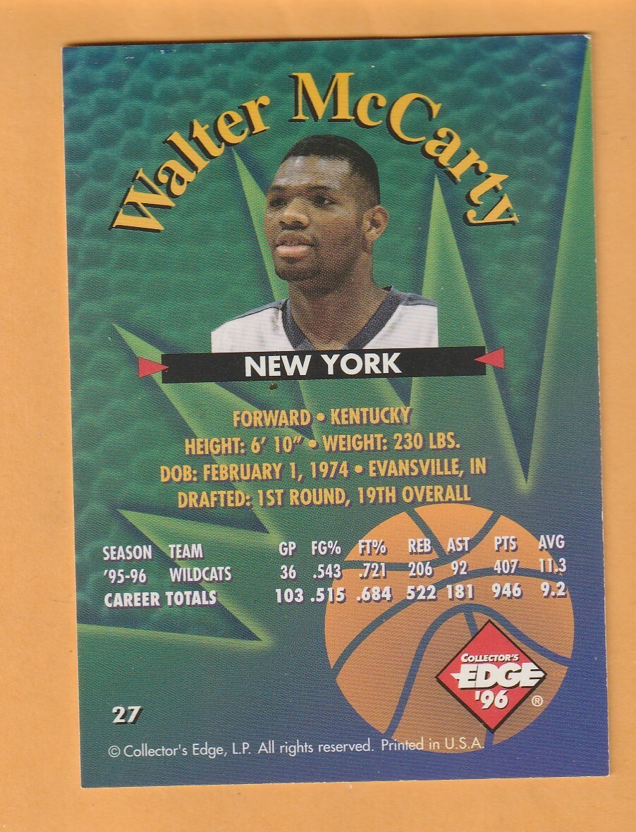 Walter McCarty Kentucky Wildcats 1996 Collector's Edge #27 Evansville ...
