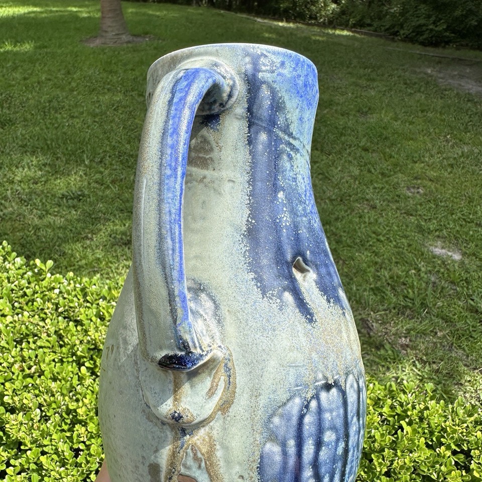 Tim Sherman Studio Pottery Pitcher Wood Fired Blue Drip Ash Glaze ...