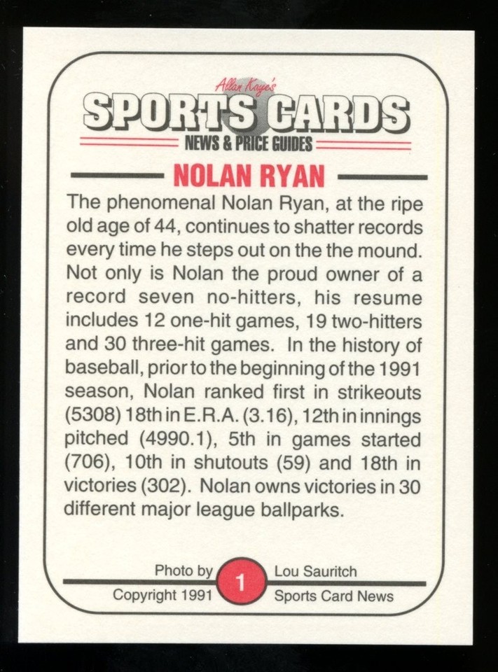 1991 Allan Kaye's #1 Nolan Ryan Texas Silver Foil Allen Sports Cards ...