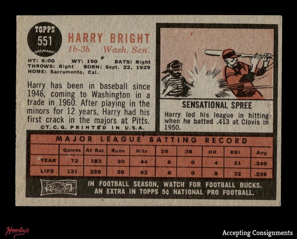 1962 Topps #551 Harry Bright High Number GOOD PINHOLES | eBay