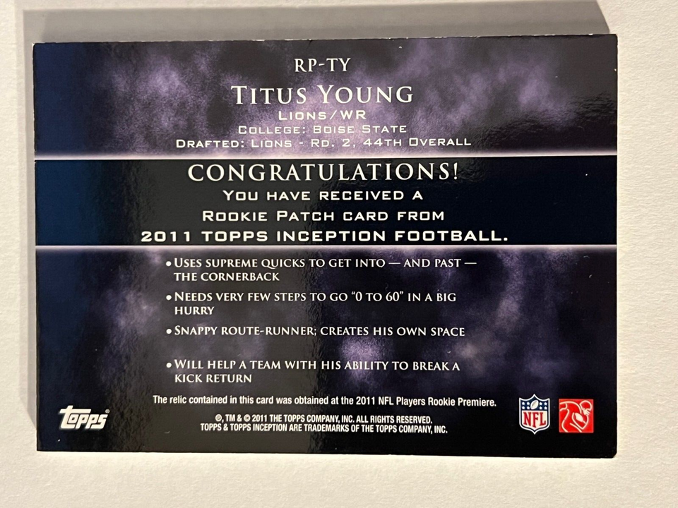 2011 TOPPS INCEPTION TITUS YOUNG RP-TY PATCH /25 Detroit Lions Rookie ...