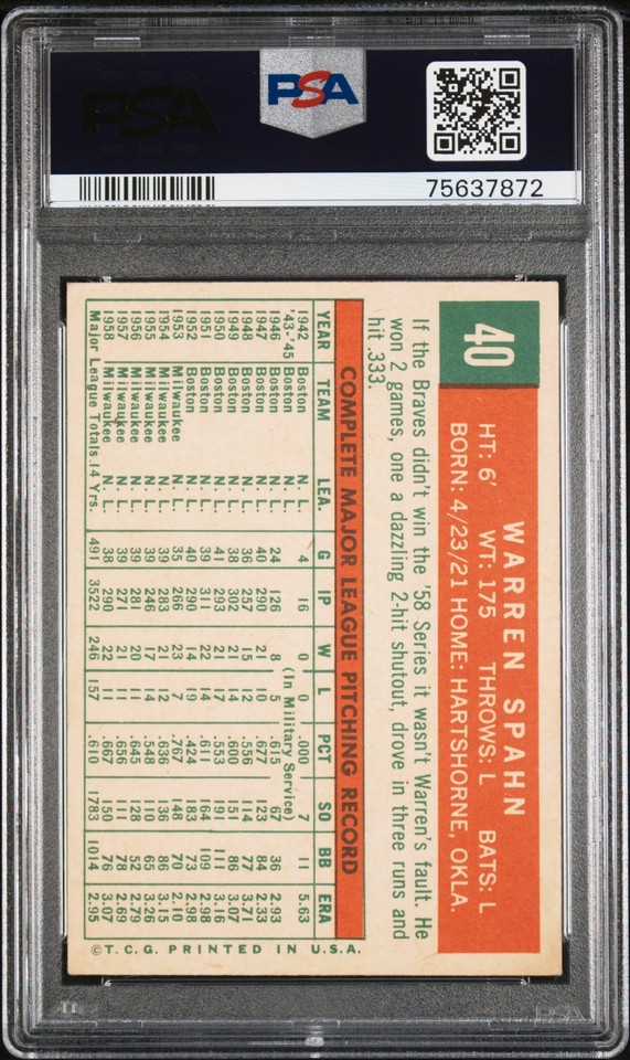 1959 TOPPS BORN IN 1921 #40 WARREN SPAHN PSA 4 | eBay