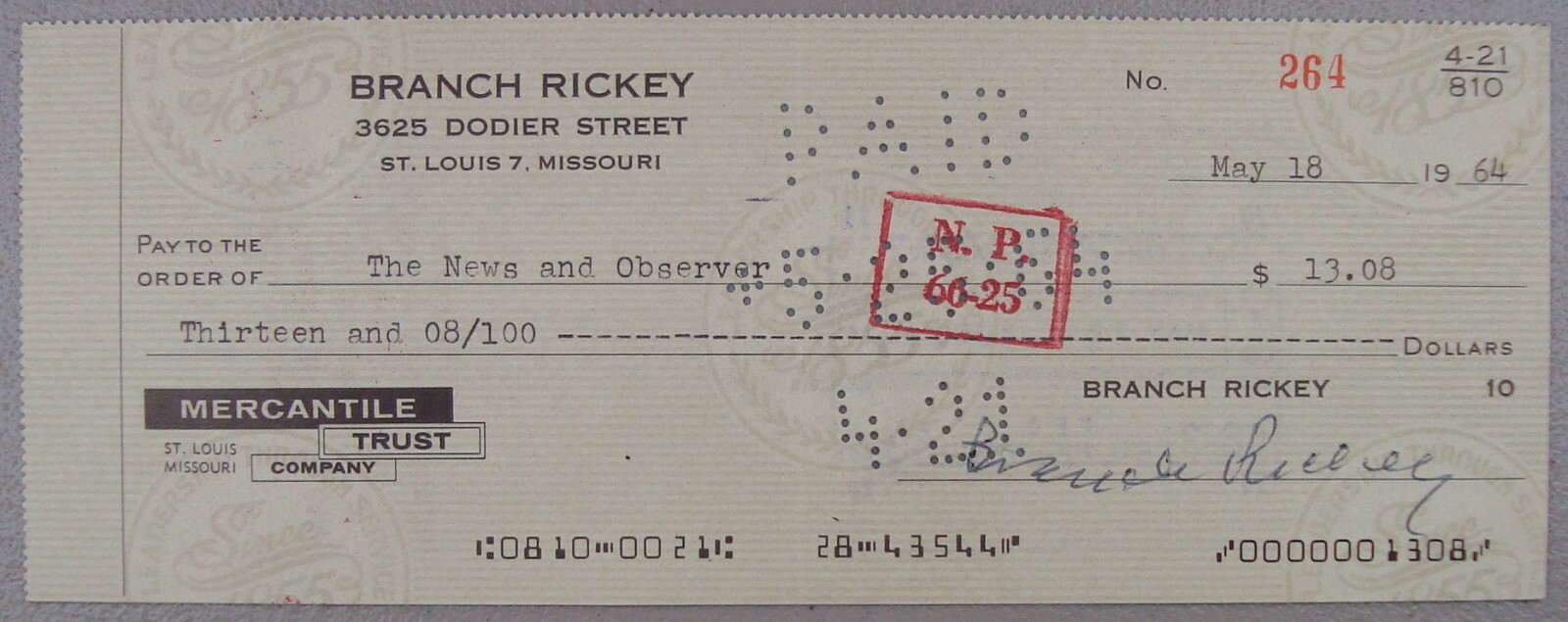 1964 Branch Rickey Signed Autographed Personal Check Jackie Robinson ...