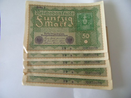 RARE SUITE 5 BILLETS / GERMANY / ALLEMAGNE REICHSBANKNOTE FUNFZIG 50 ...
