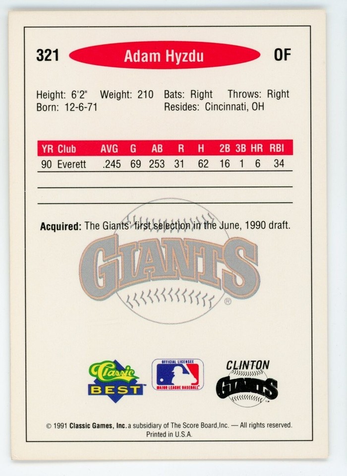 1991 Classic Best Minor League Adam Hyzdu #321 Rookie RC | eBay