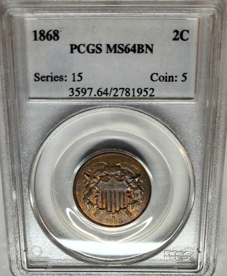 CHOICE 1868 TWO CENT PIECE 2C NGC MS64 BN, LOW POP, HIGH GRADE BEAUTY ...