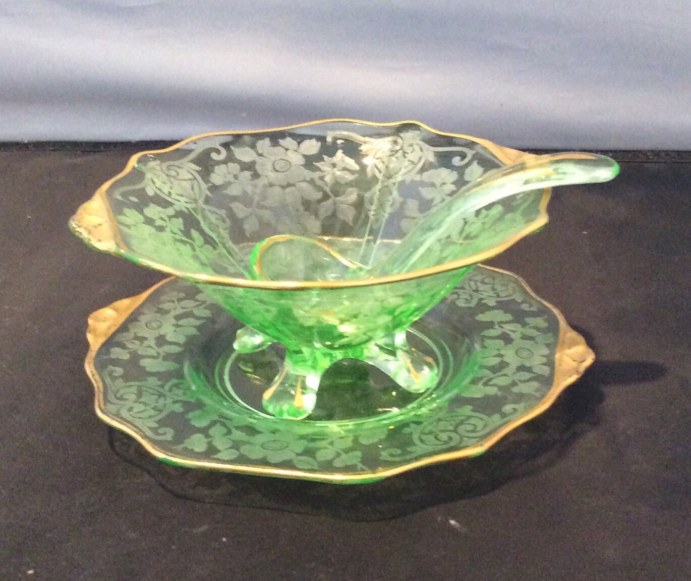 Cambridge Mayonnaise Bowl Saucer And Spoon Apple Blossom Uranium Glass ...