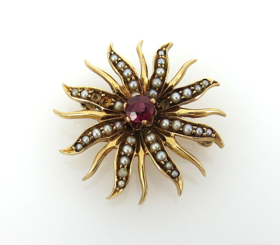 Antique Victorian 0.25ct Old Mine Cut Ruby & Natural Pearl 10K Gold ...