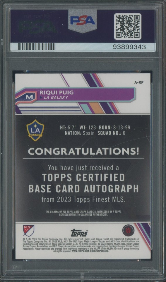2023 Topps Finest MLS Soccer Superfractor Riqui Puig AUTO 1/1 PSA 9 ...