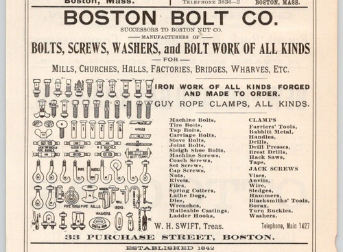 1902 Boston Bolt Co Screws Washers Iron Work Forged BOSTON Print Ad 4 x ...