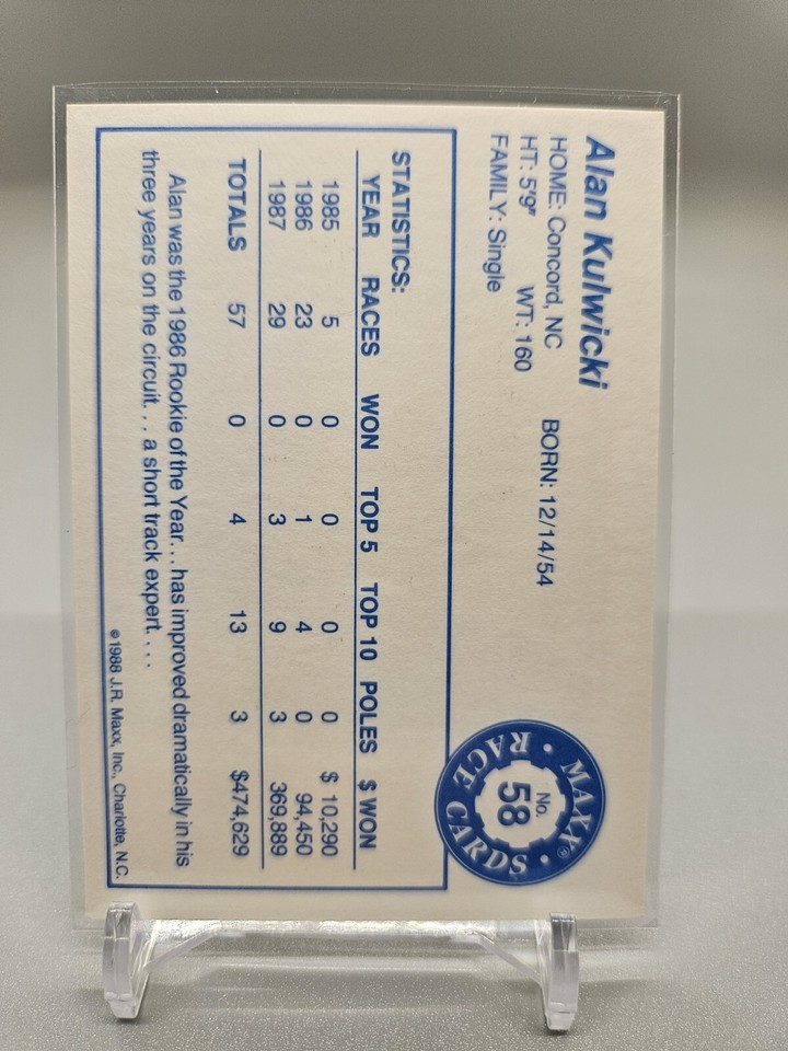 Alan Kulwicki #7 Zerex Maxx Race Cards Rookie 1988 Card #58 NASCAR | eBay