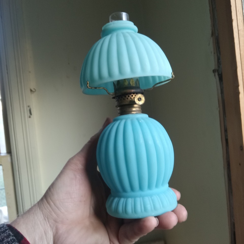 1890 RARE BLUE OPAQUE GLASS PEARL BABY McKEE MINIATURE OIL LAMP W ...