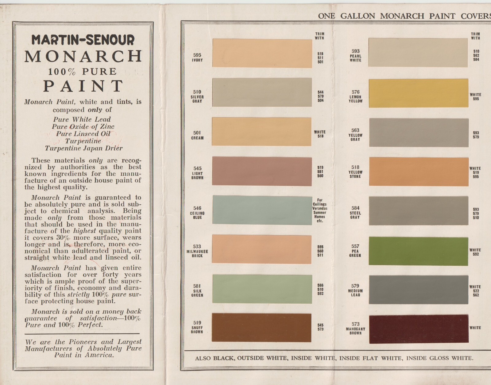 Antique C.1920 Monarch Paint Brochure w/ Paint Swatches Samples Martin ...