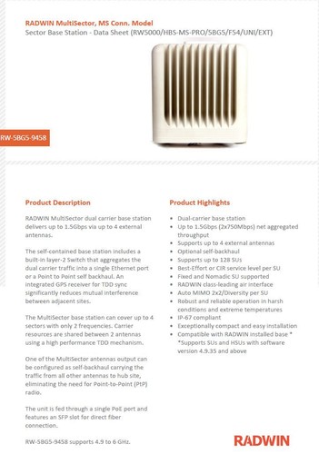 RADWIN 5000 New RW-5BG5-9458 5GHz MultiSector Connectorized Base ...