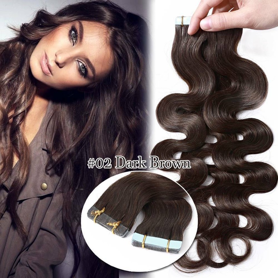 Thick Wave Tape In Skin Weft Remy Human Hair Extensions Full Head 10/20 ...
