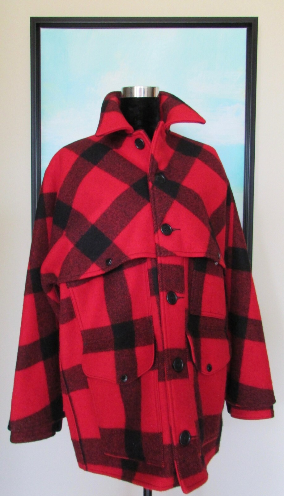 FILSON Seattle Mackinaw Wool Cape Coat Red & Black Bu… - Gem