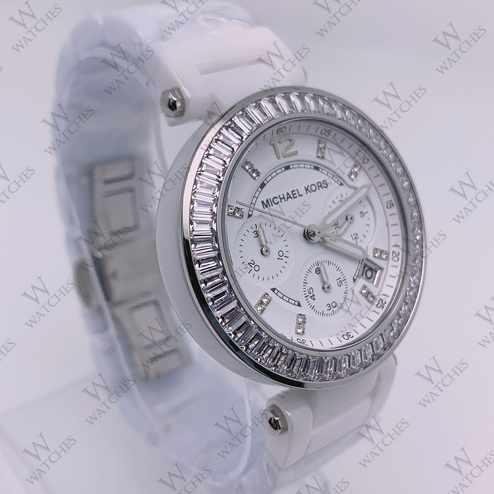 New Michael Kors MK5848 Parker Quartz White Dial Ceramic Bracelet Women ...