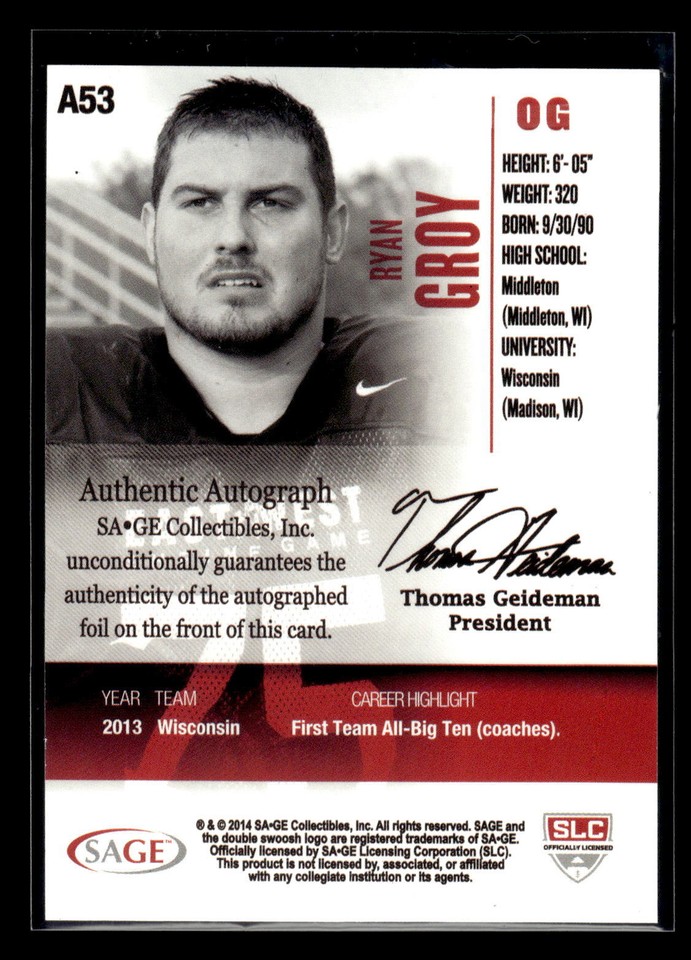 2014 SAGE HIT #A53 Ryan Groy Autographs Wisconsin Badgers Mint+ | eBay
