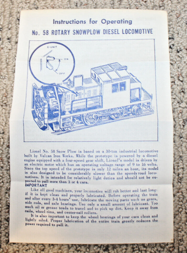 Lionel Postwar #58 Snowplow Instruction Sheet #58-28 11-59 Nice | eBay