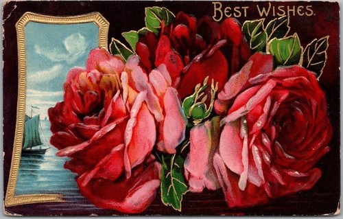 Vintage 1908 "BEST WISHES" Embossed Greetings Postcard ROSES / Sailing ...