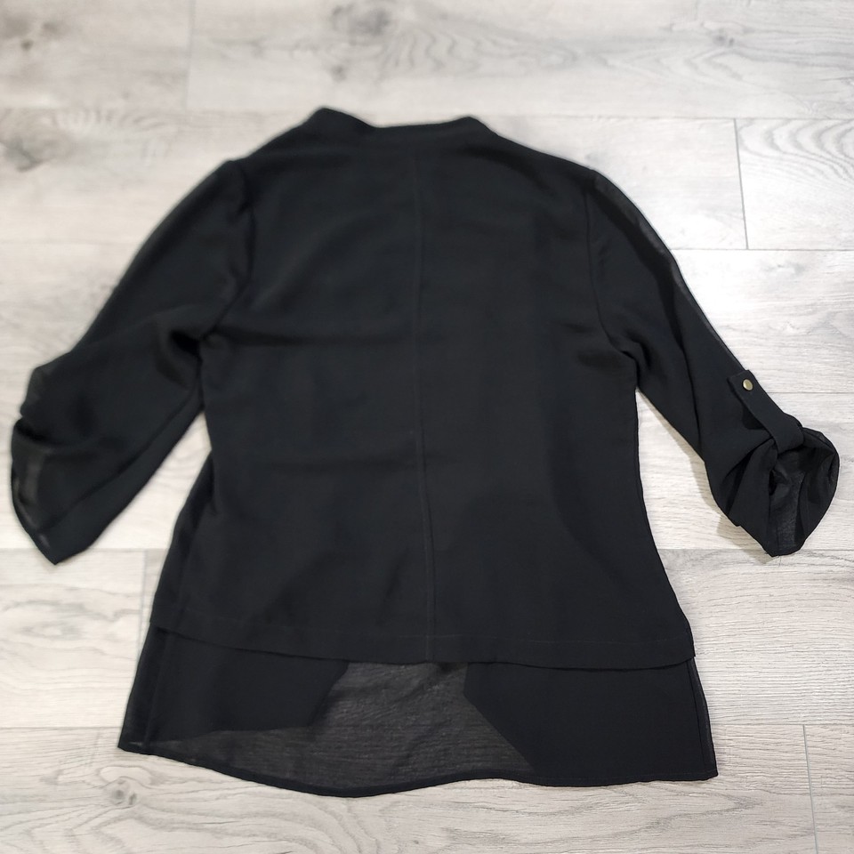 Chico's Women S Chiffon Blouse Open Front Black Layered Gold Zip ...