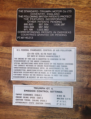 Triumph GT6 Under Bonnet Timing Pollution Patents Label Set Concours | eBay