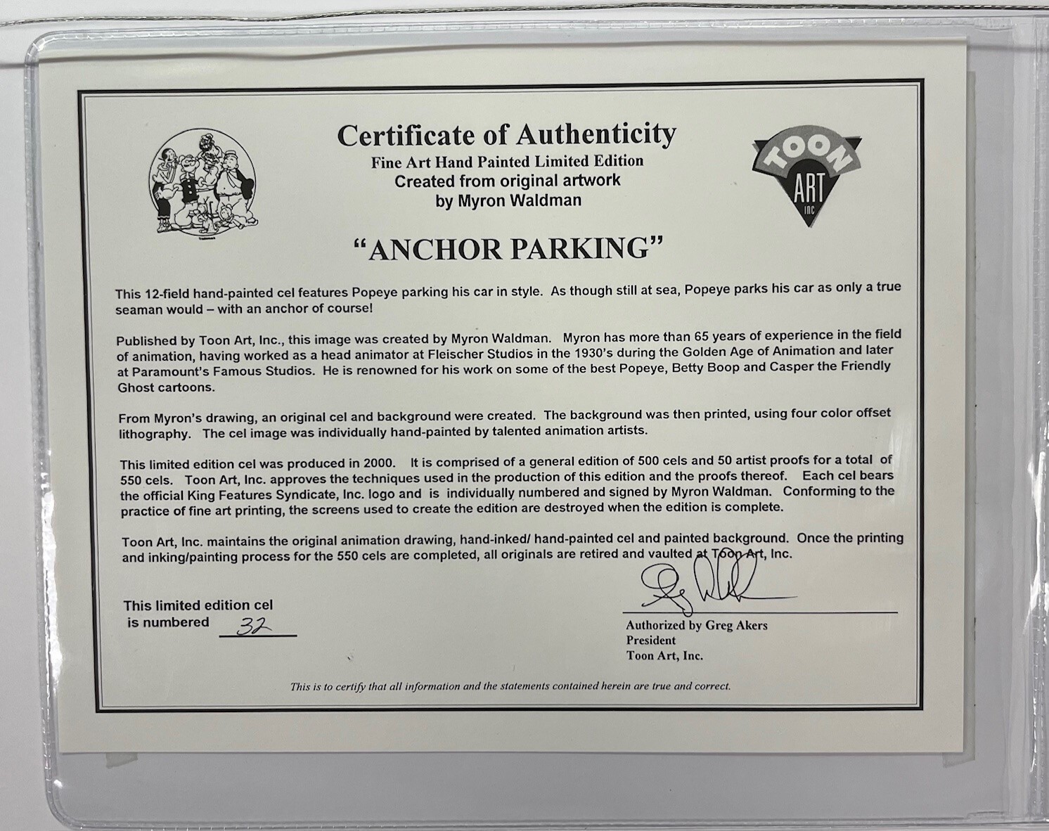 "Anchor Parking" Myron Waldman Popeye Limited Edition Cel Car Cute Art ...