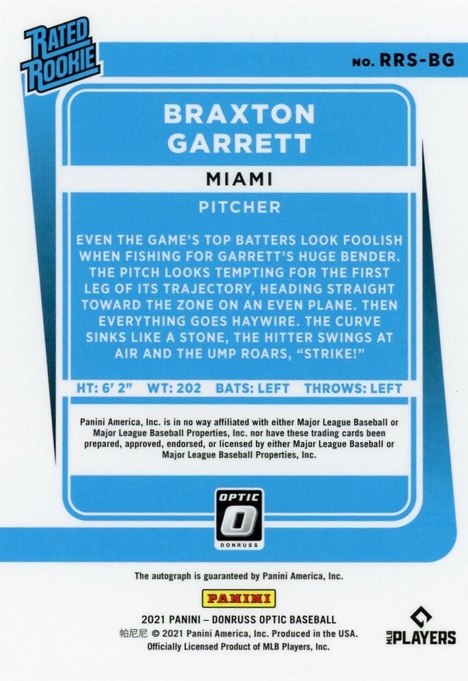 Braxton Garrett 2021 Donruss Optic Rated Rookie Signatures #RRS-BG Auto ...