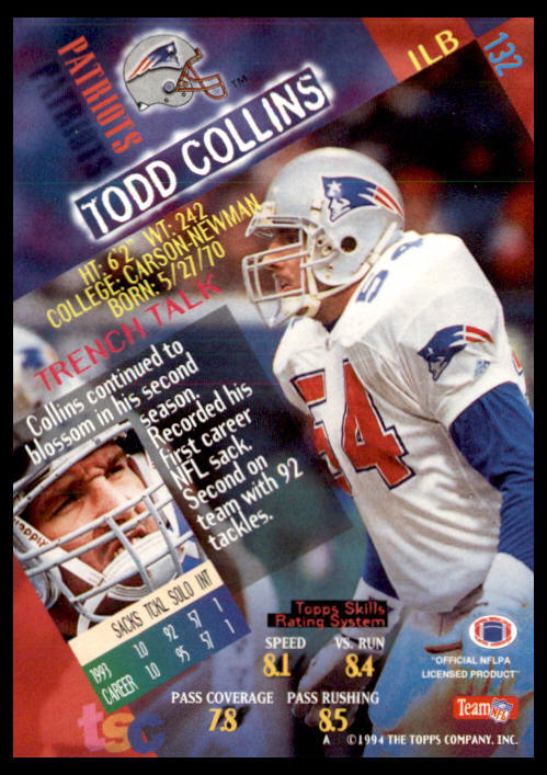 1994 Stadium Club #132 Todd Collins New England Patriots Football Card ...