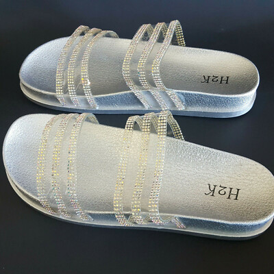 H2K AMANDA Silver Double Rhinestones Sparkle Slides Flip Flops Sandals ...